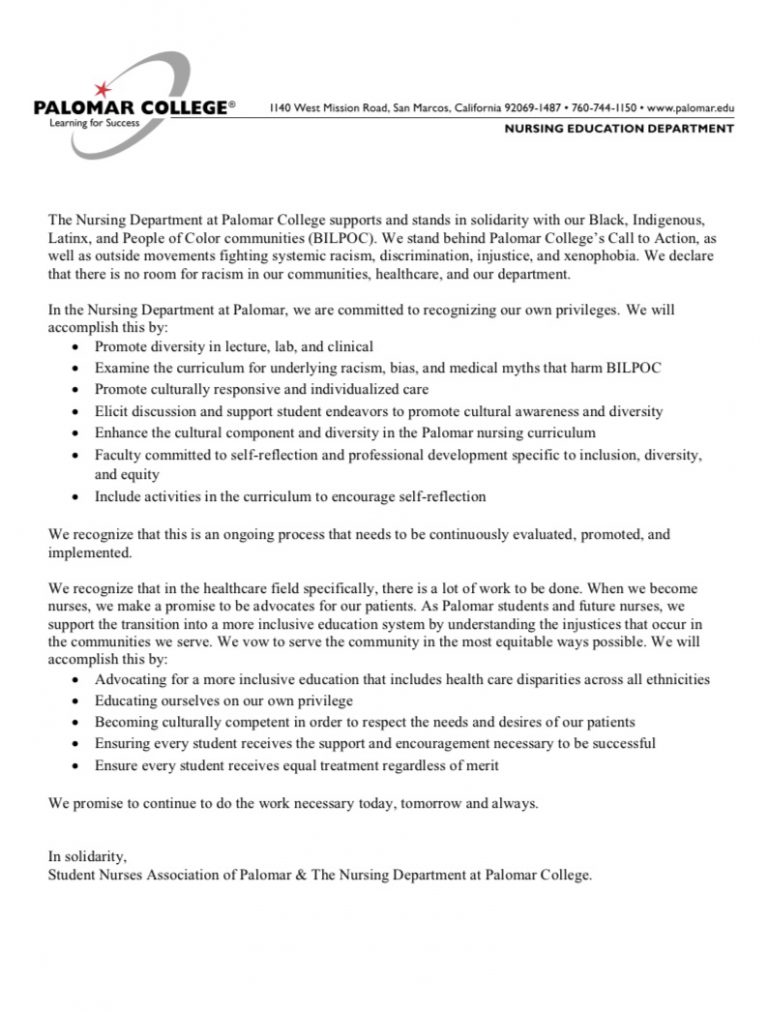The Nursing Department Solidarity Letter – Student Nurses Association ...