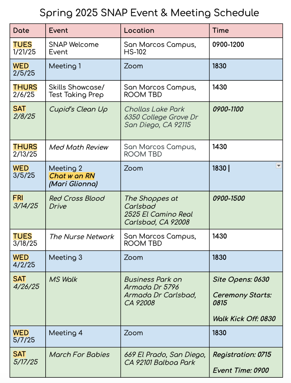 Event Schedule – Student Nurses Association of Palomar College
